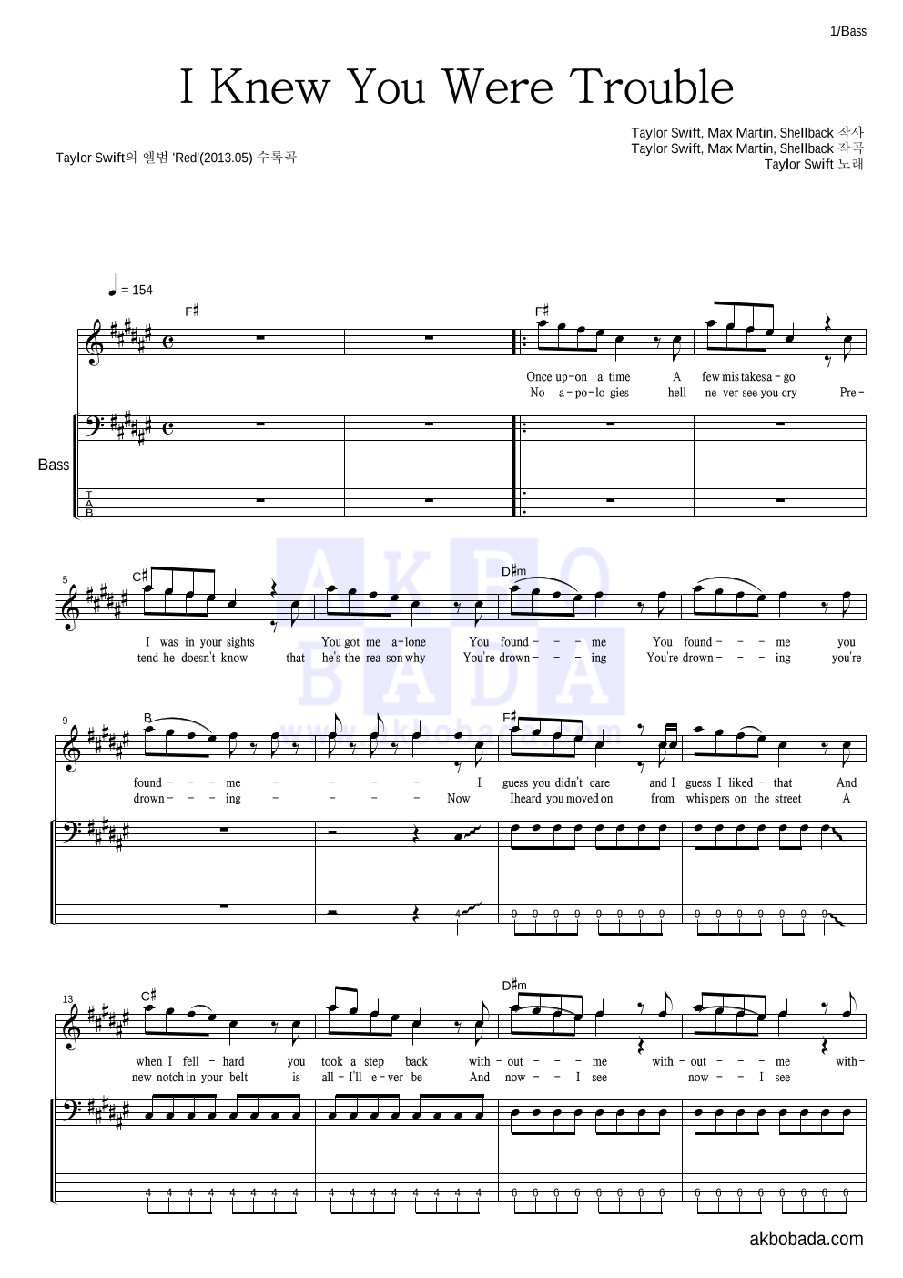 Taylor Swift I Knew You Were Trouble 악보