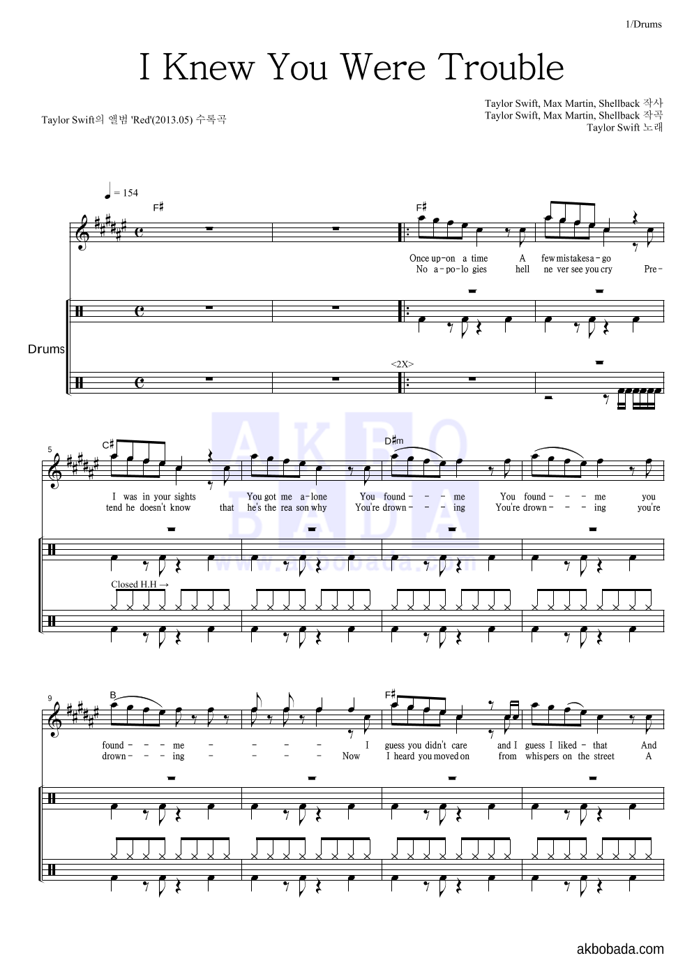 Taylor Swift I Knew You Were Trouble 악보