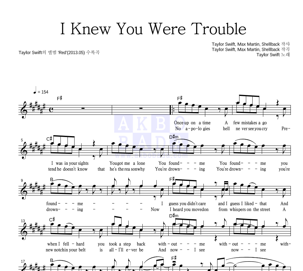Taylor Swift I Knew You Were Trouble 악보
