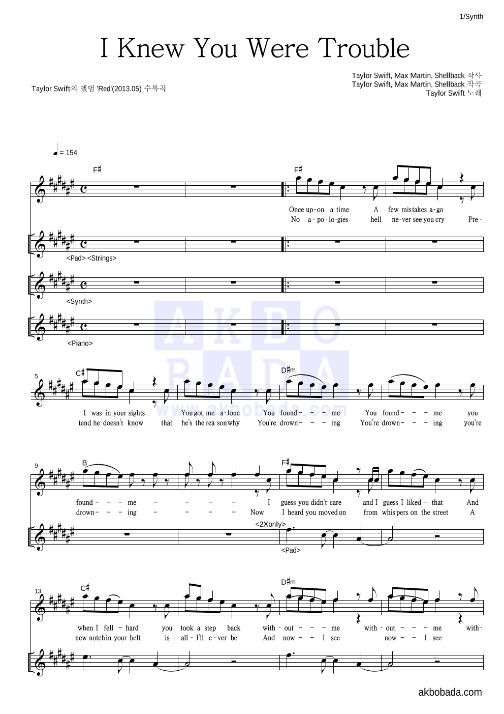 Taylor Swift I Knew You Were Trouble 악보