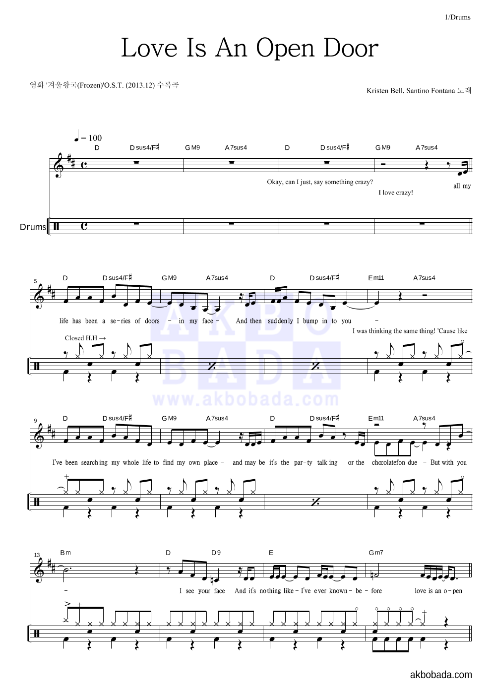 Kristen Bell,Santiano Fontana Love Is An Open Door 악보