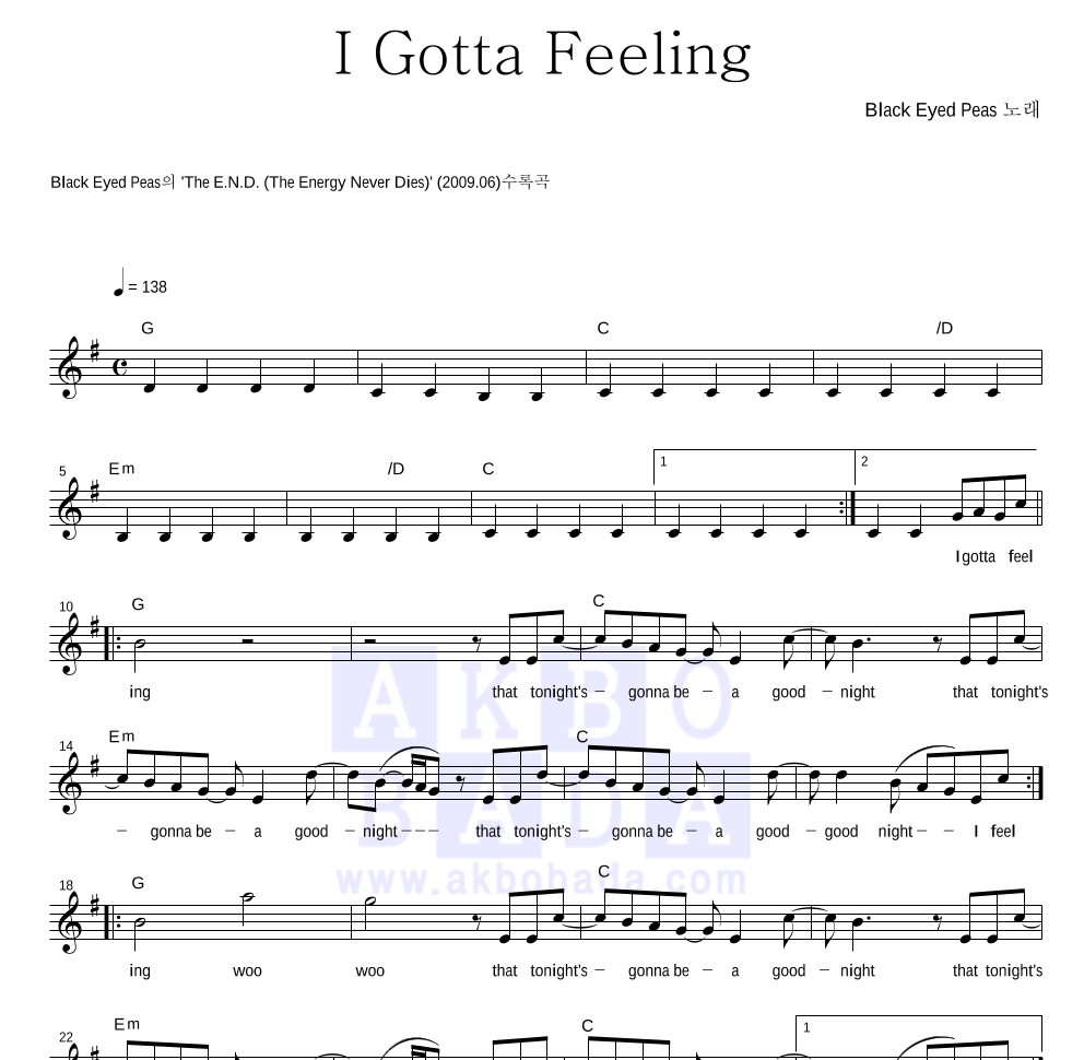 Black Eyed Peas I Gotta Feeling 악보