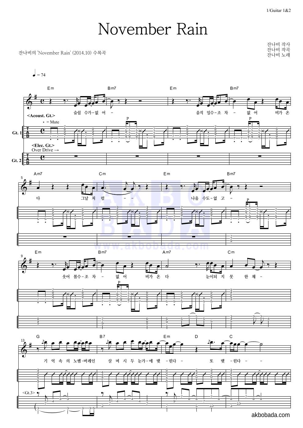 잔나비 November Rain 악보