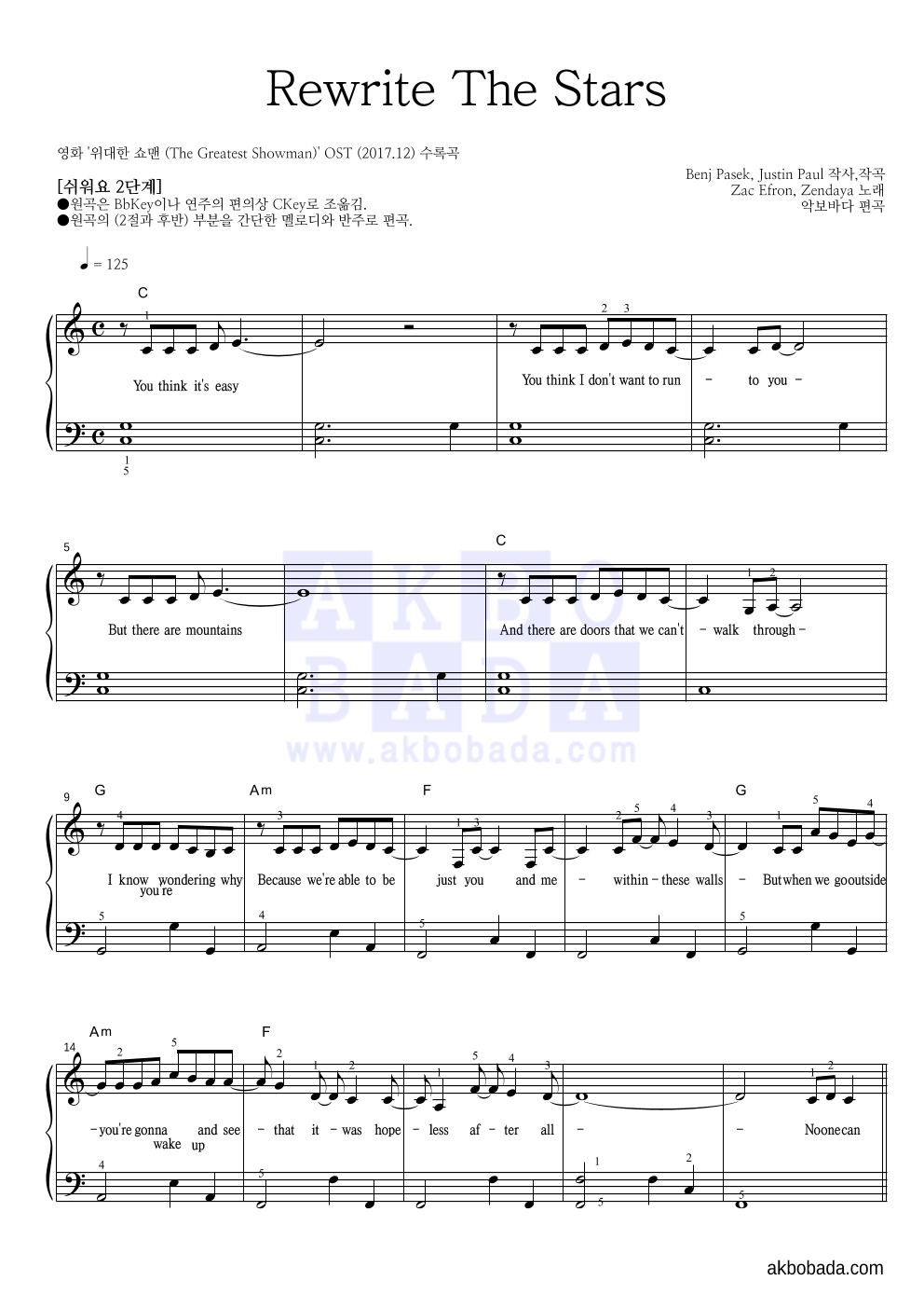 Zac Efron,Zendaya Rewrite The Stars 악보 : 악보바다