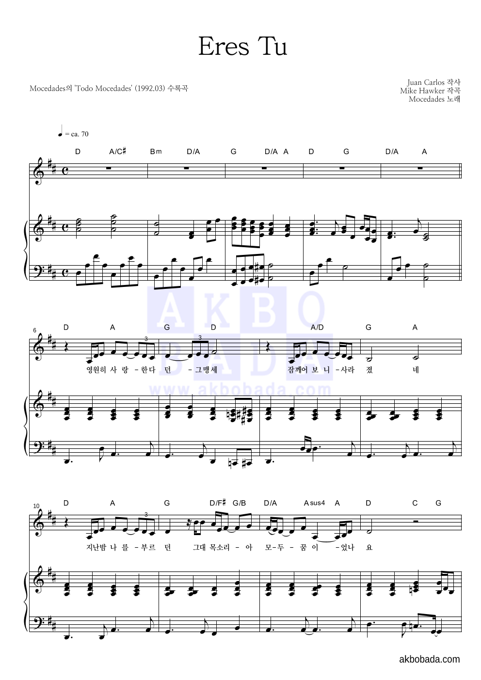 Mocedades Eres Tu 악보