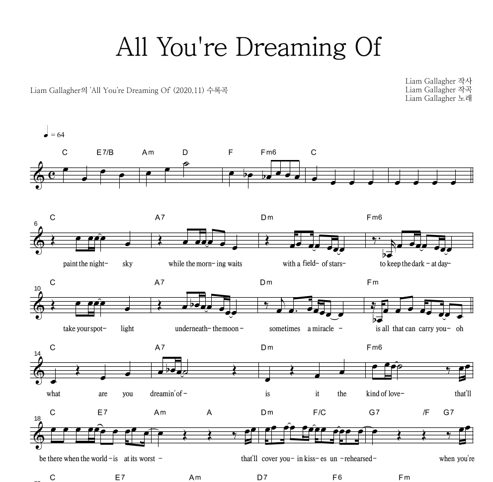 Liam Gallagher All You're Dreaming Of 악보
