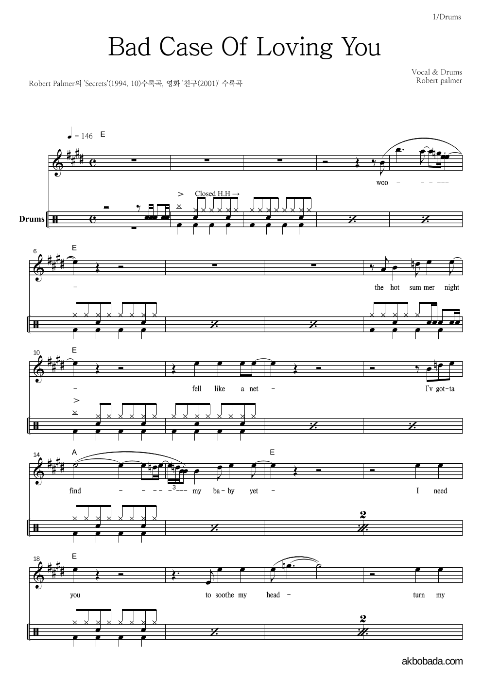 Robert Palmer Bad Case Of Loving You 악보