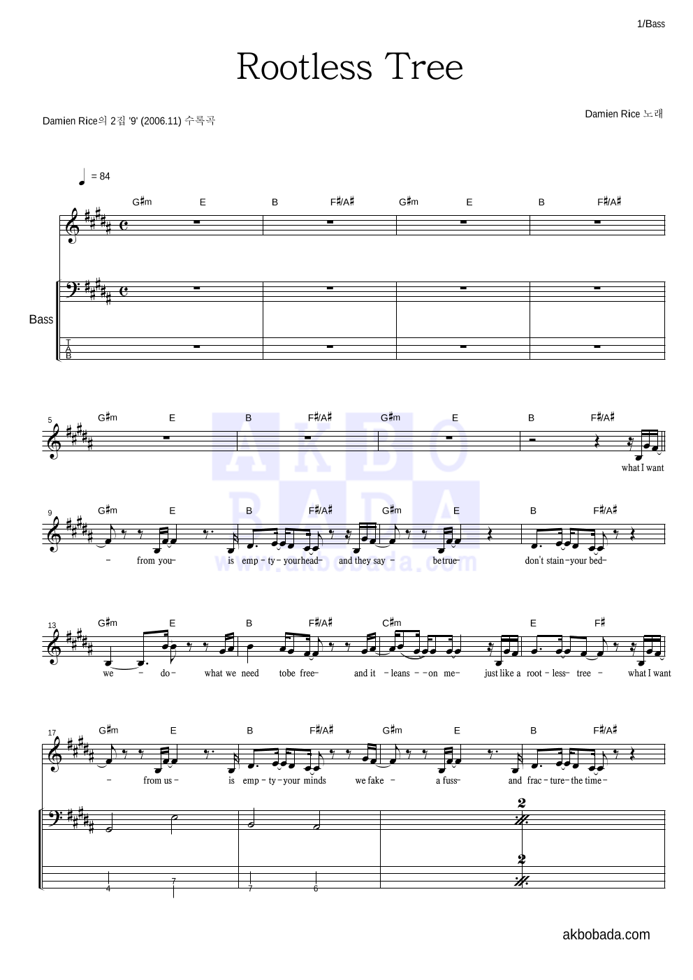 Damien Rice Rootless Tree 악보