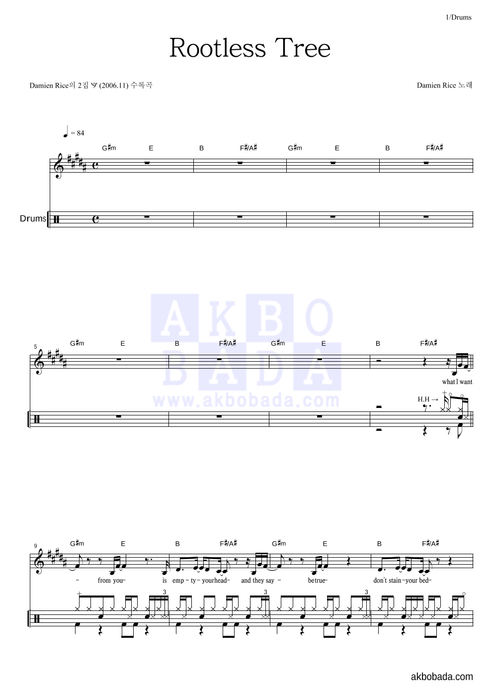 Damien Rice Rootless Tree 악보