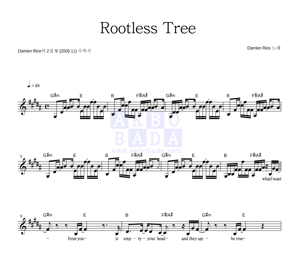 Damien Rice Rootless Tree 악보