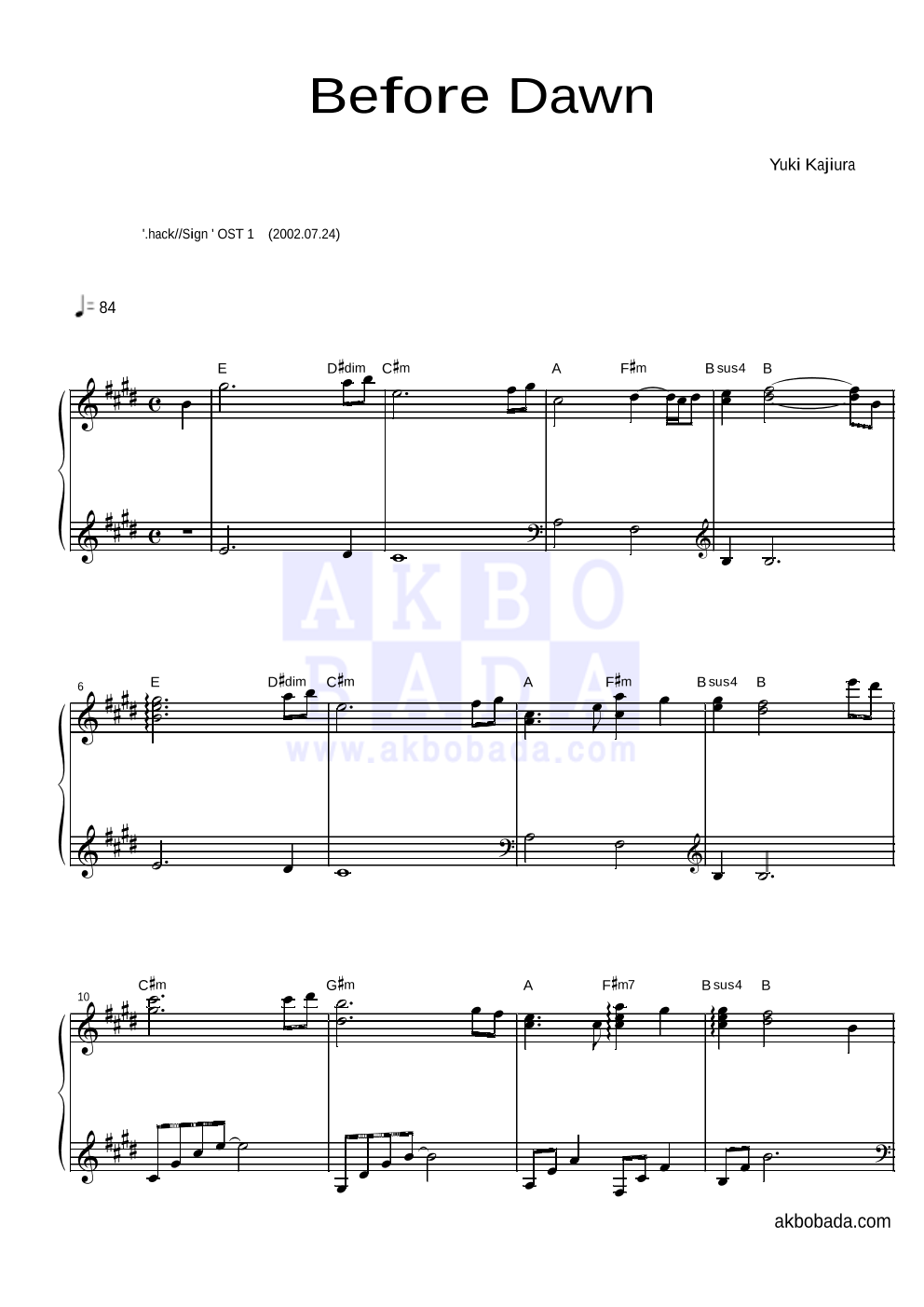 .hack//Sign(닷핵사인) OST Before Dawn 악보