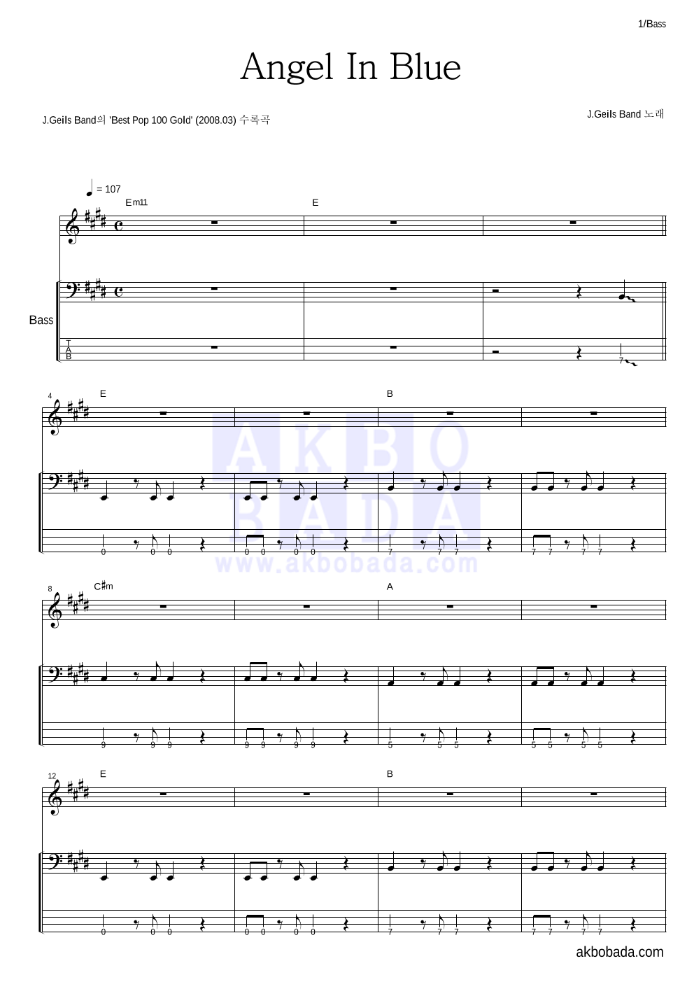J. Geils Band Angel In Blue 악보