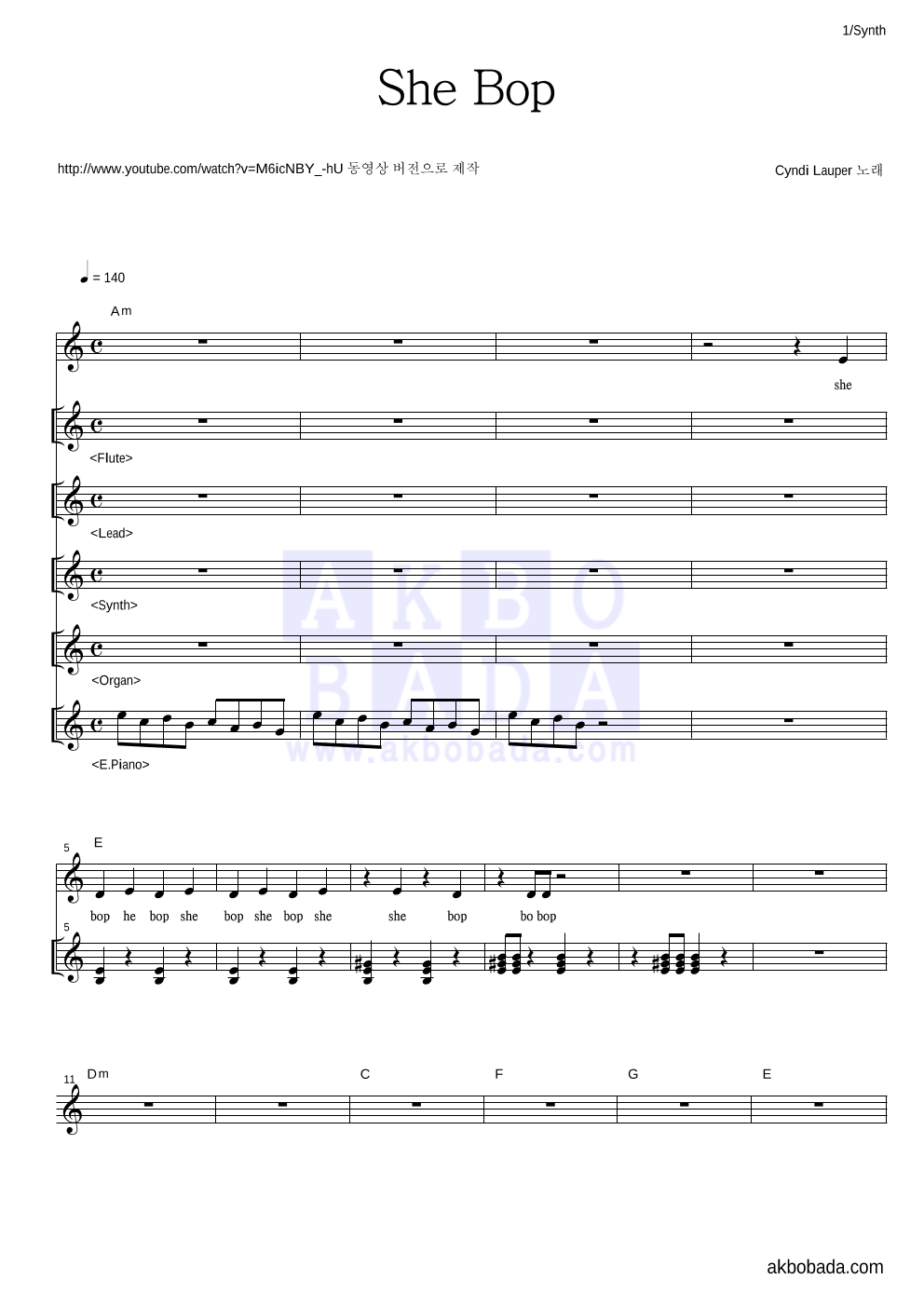Cyndi Lauper She Bop 악보