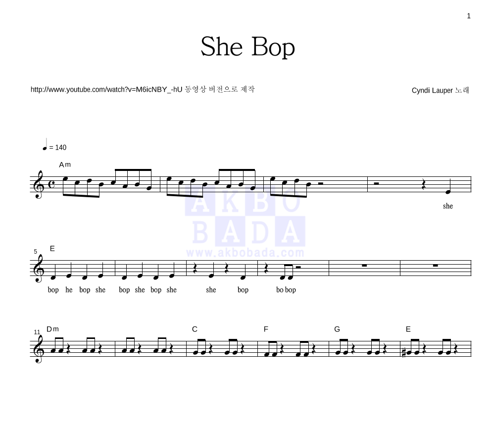 Cyndi Lauper She Bop 악보