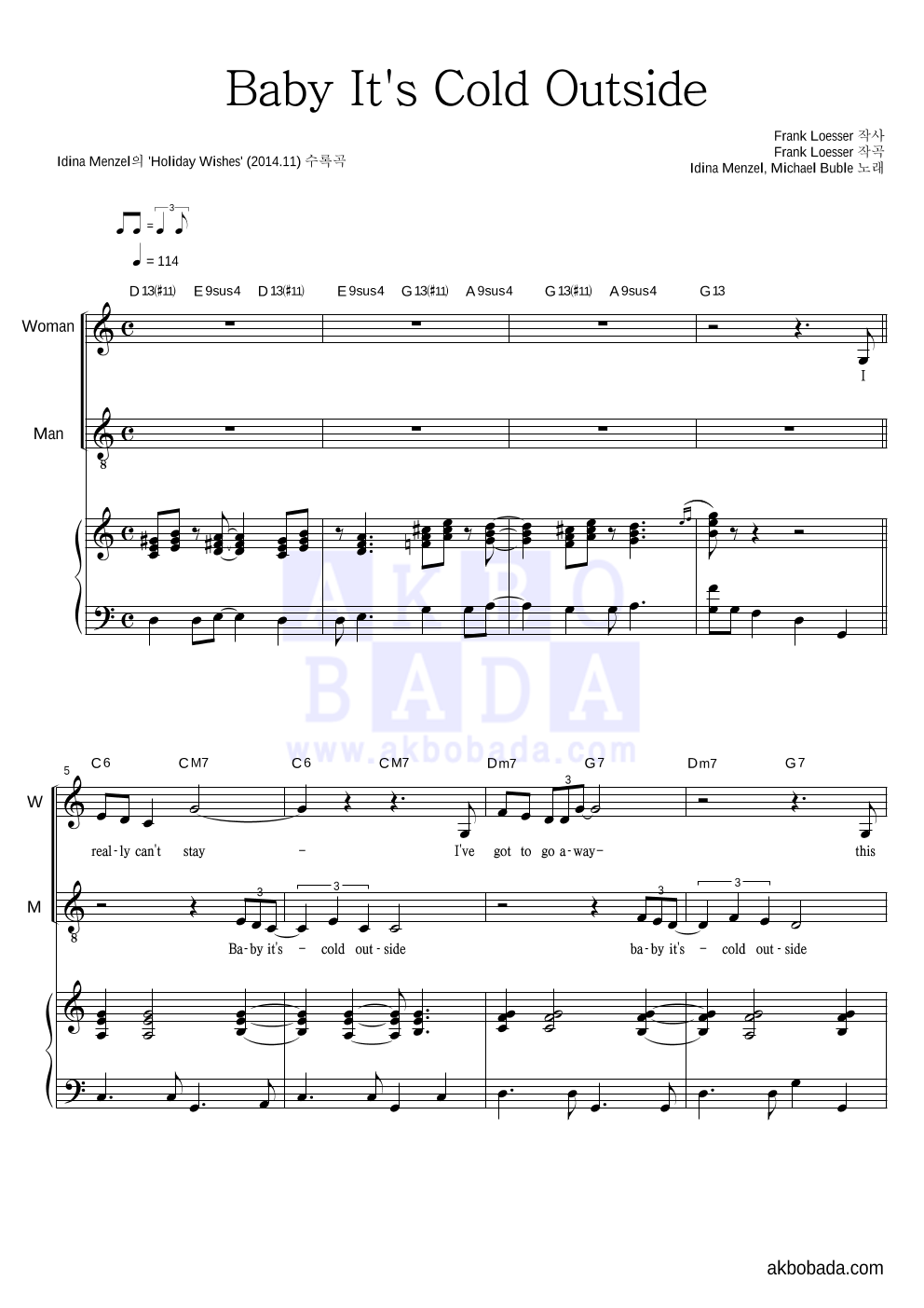 Idina Menzel,Michael Buble Baby It's Cold Outside 악보