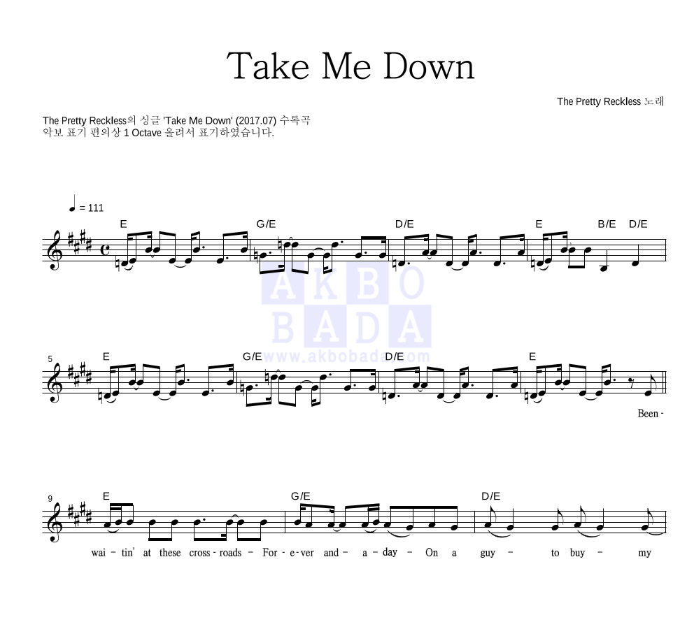 The Pretty Reckless Take Me Down 악보