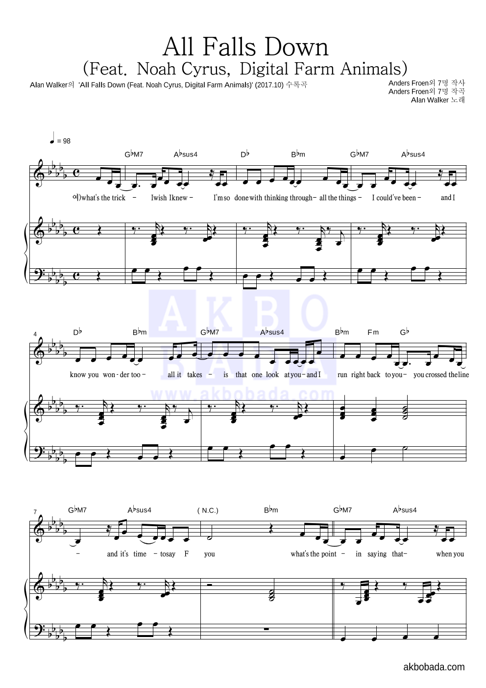 Alan Walker All Falls Down (Feat. Noah Cyrus, Digital Farm Animals) 악보