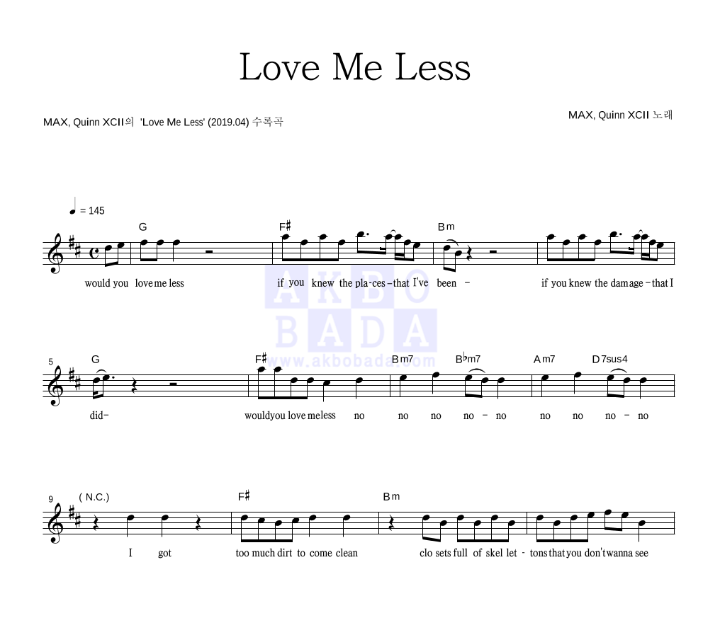 MAX(맥스),Quinn XCII Love Me Less 악보