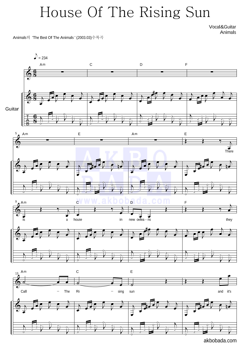 Animals House Of The Rising Sun 악보