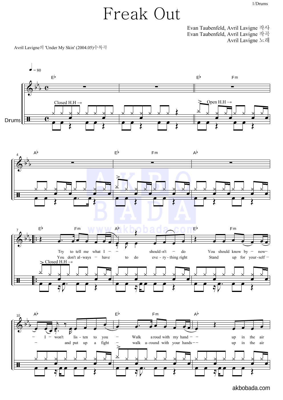 Avril Lavigne Freak Out 악보