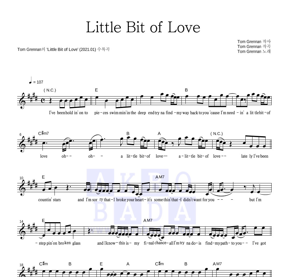 Tom Grennan Little Bit of Love 악보