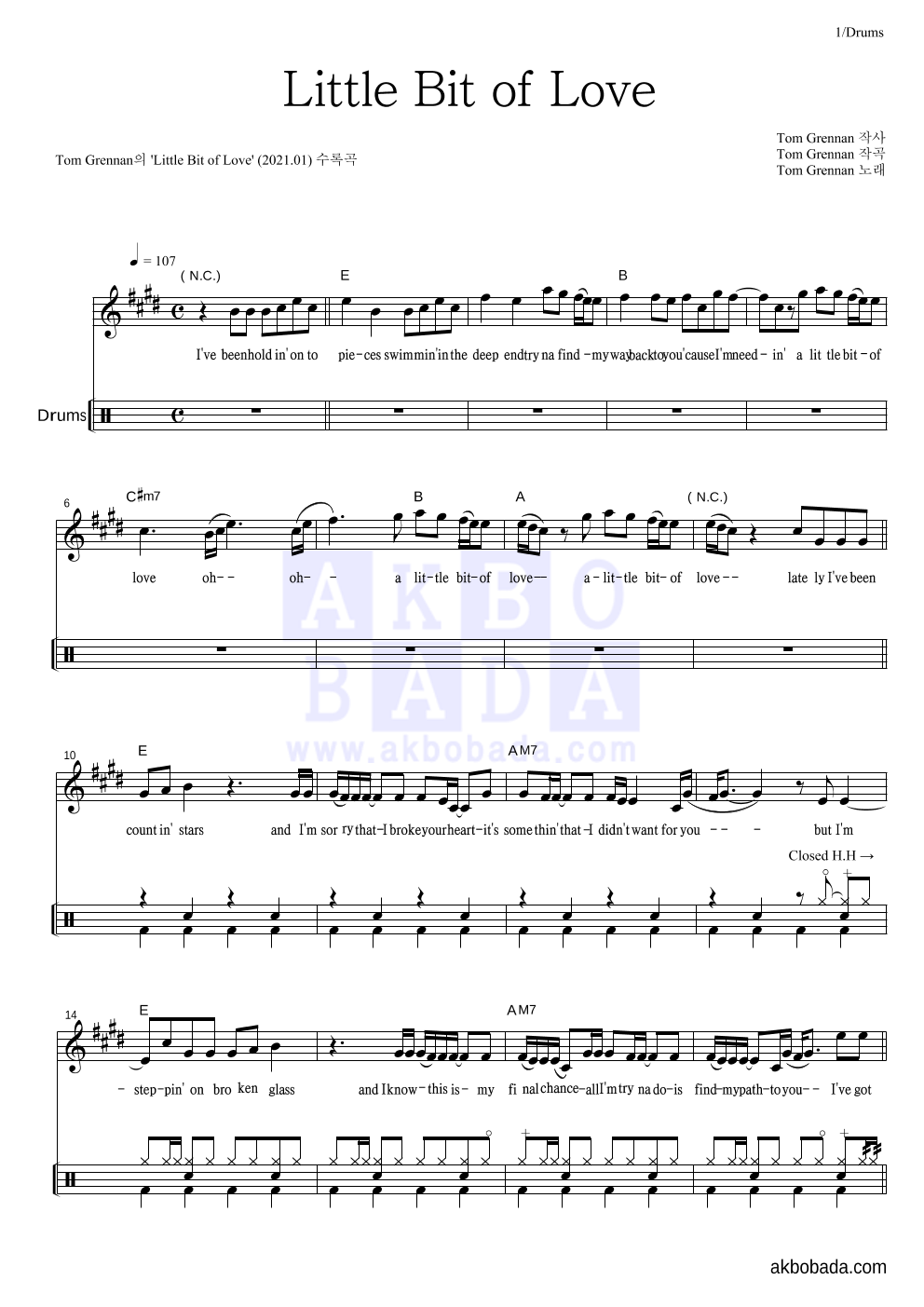 Tom Grennan Little Bit of Love 악보