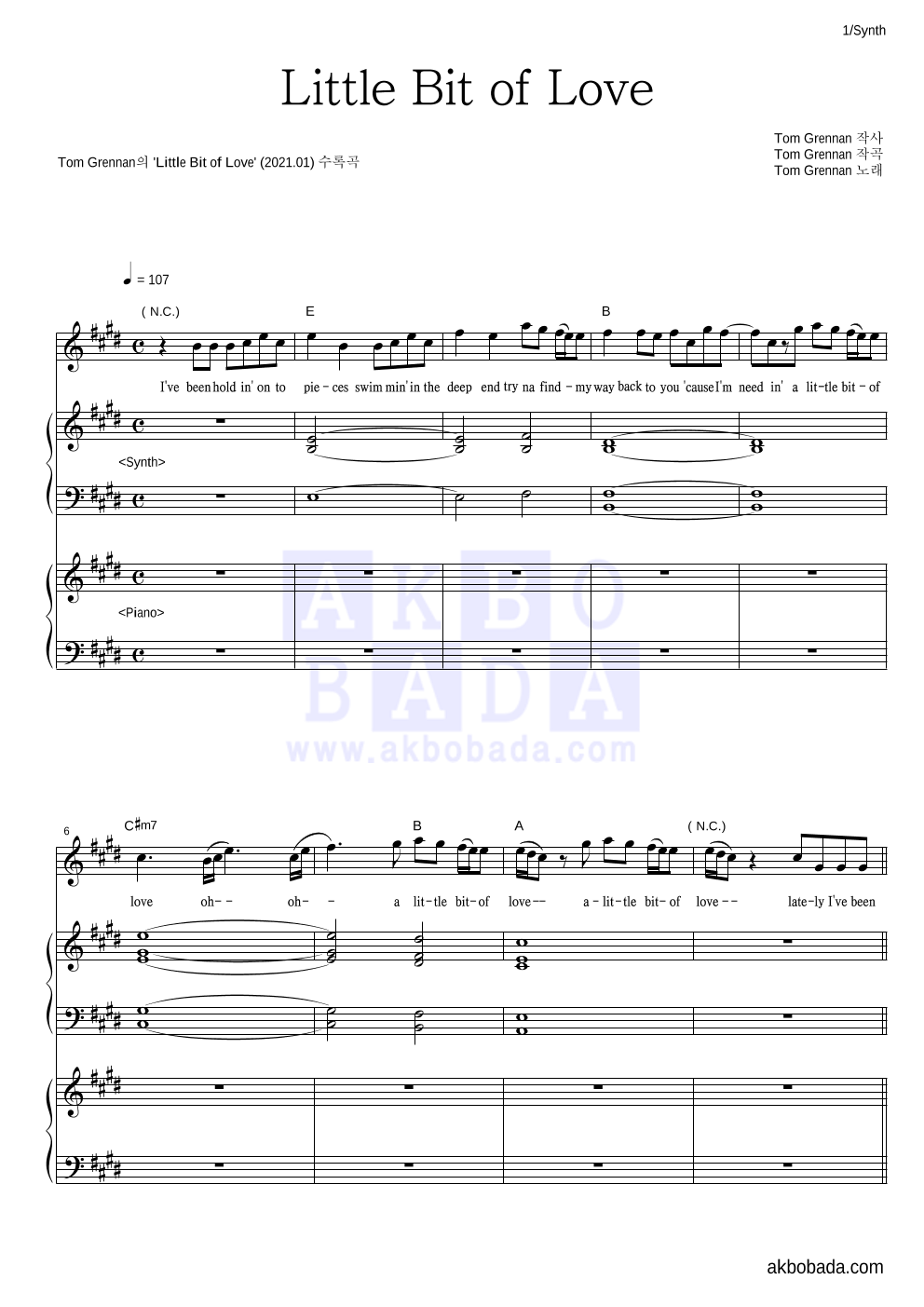 Tom Grennan Little Bit of Love 악보