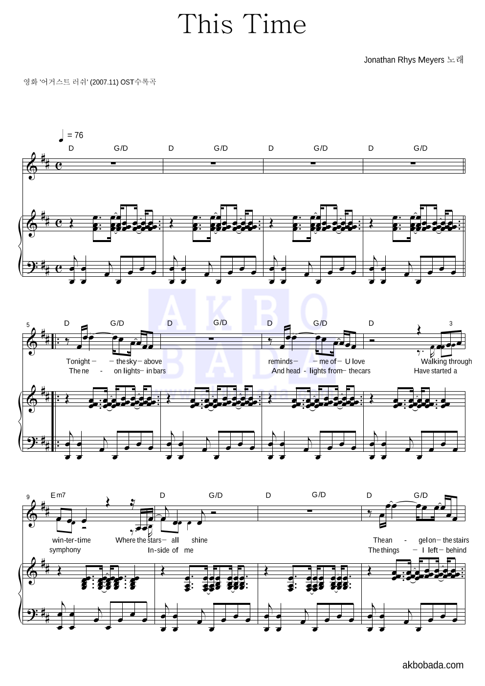 Jonathan Rhys Meyers This Time 악보