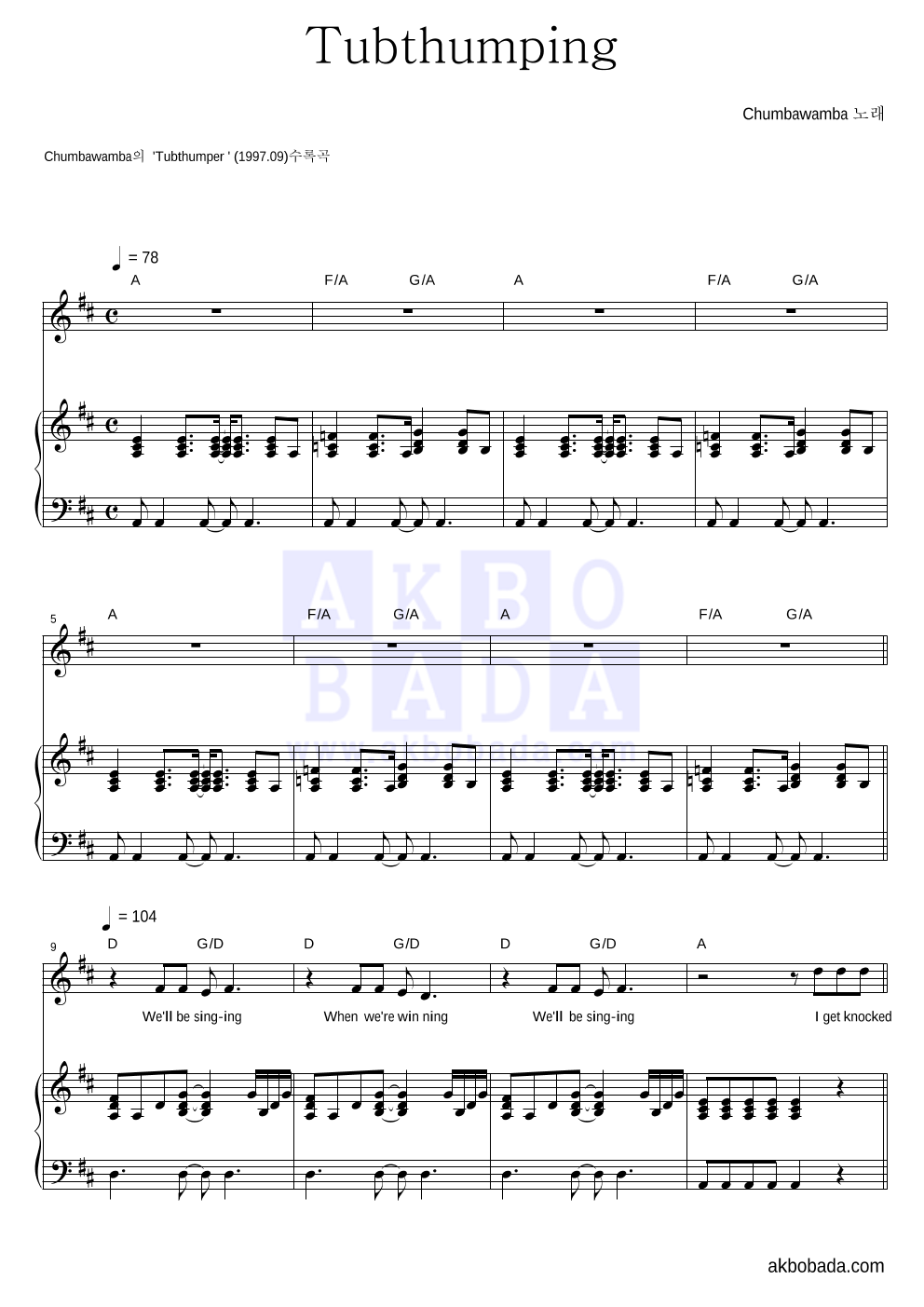 Chumbawamba Tubthumping 악보
