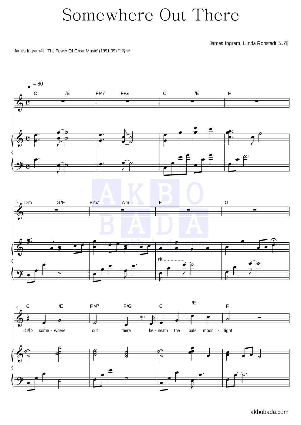 James Ingram,Linda Ronstadt Somewhere Out There 악보