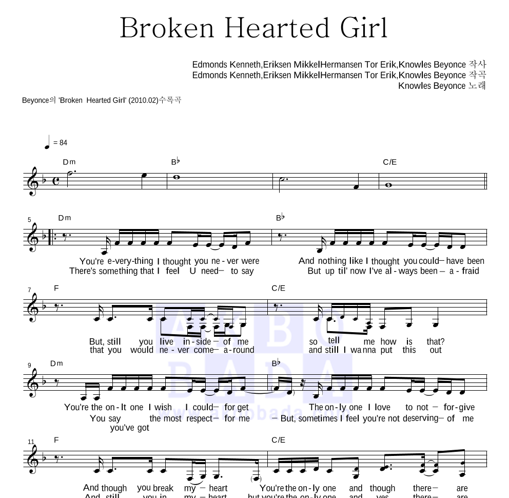 Beyonce Broken Hearted Girl 악보