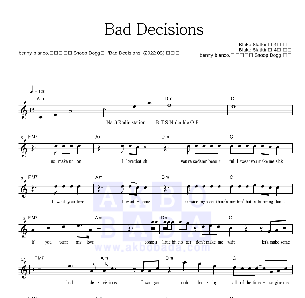 benny blanco,방탄소년단,Snoop Dogg Bad Decisions 악보