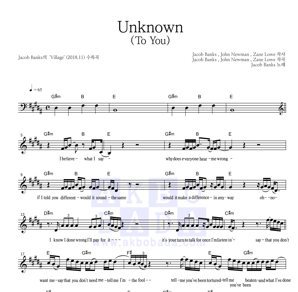 Jacob Banks Unknown (To You) MR : 악보바다