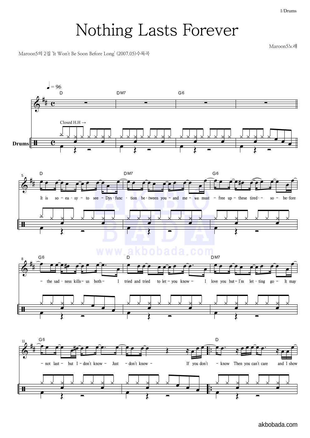 Maroon 5 Nothing Lasts Forever 악보