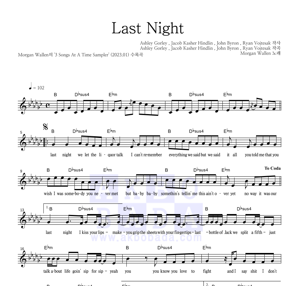 Morgan Wallen Last Night 악보