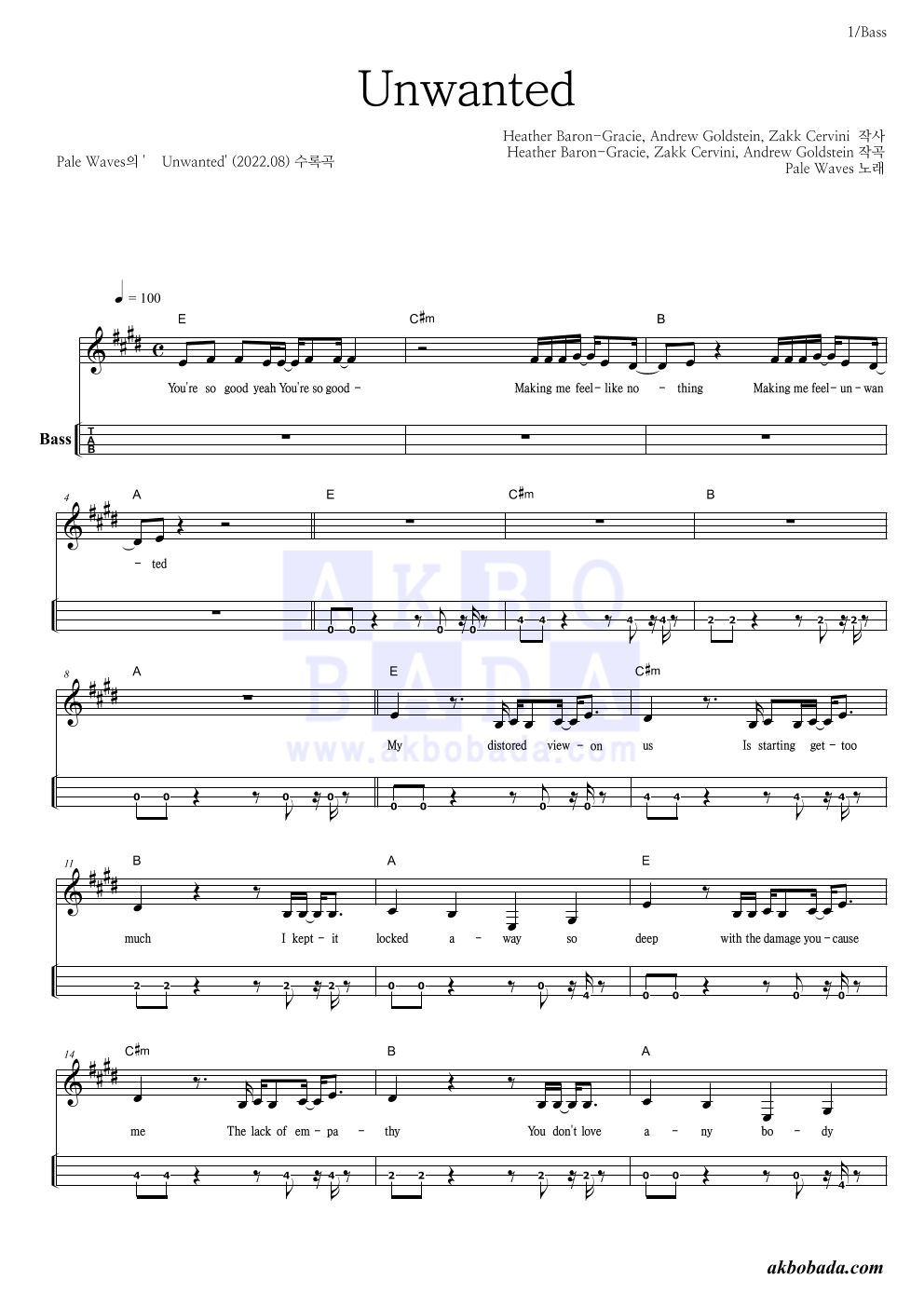 Pale Waves Unwanted 악보