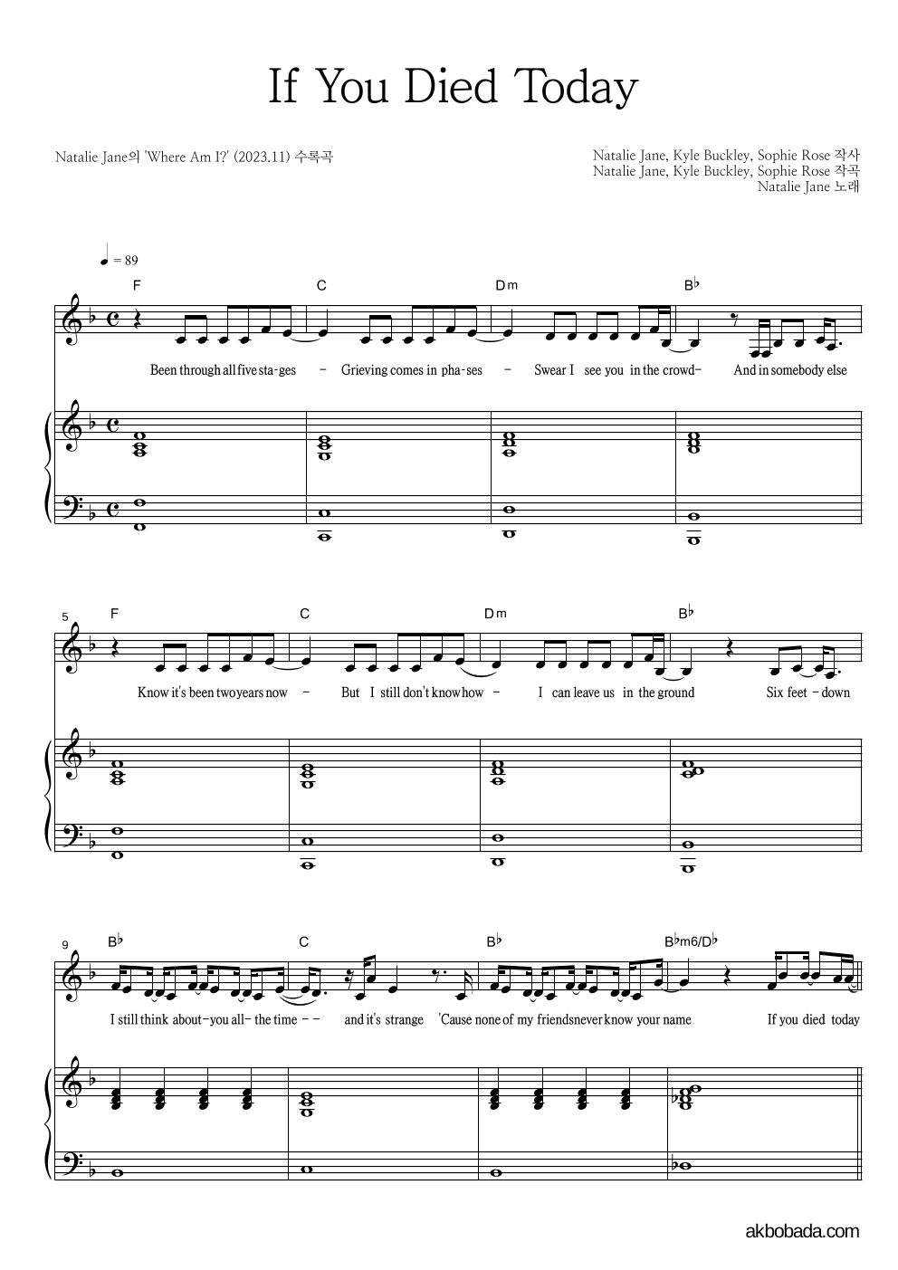 Natalie Jane If You Died Today 악보