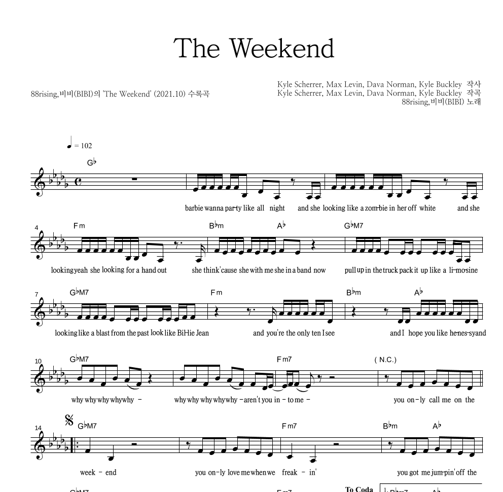 88rising,비비(BIBI) The Weekend 악보
