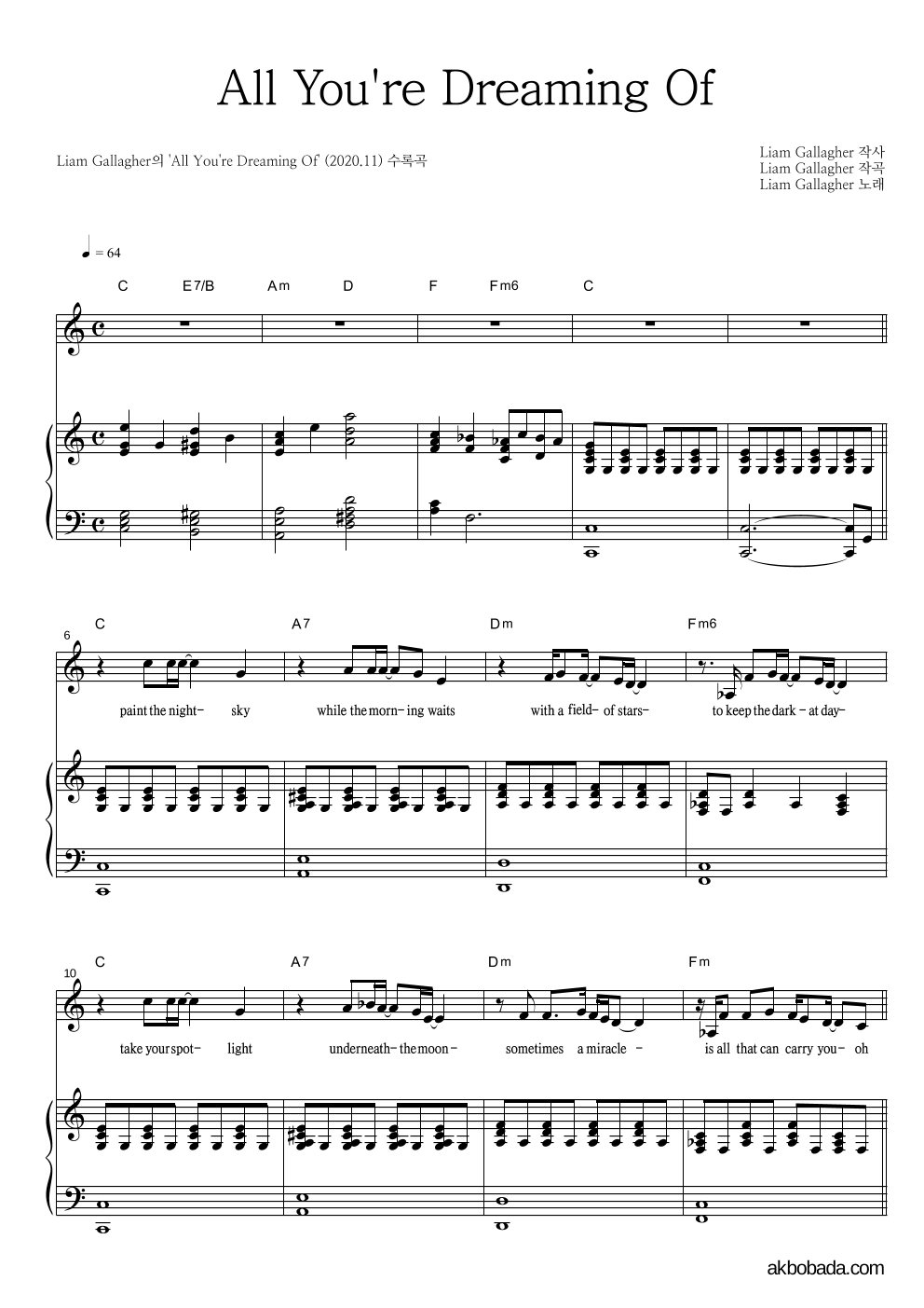 Liam Gallagher All You're Dreaming Of 악보