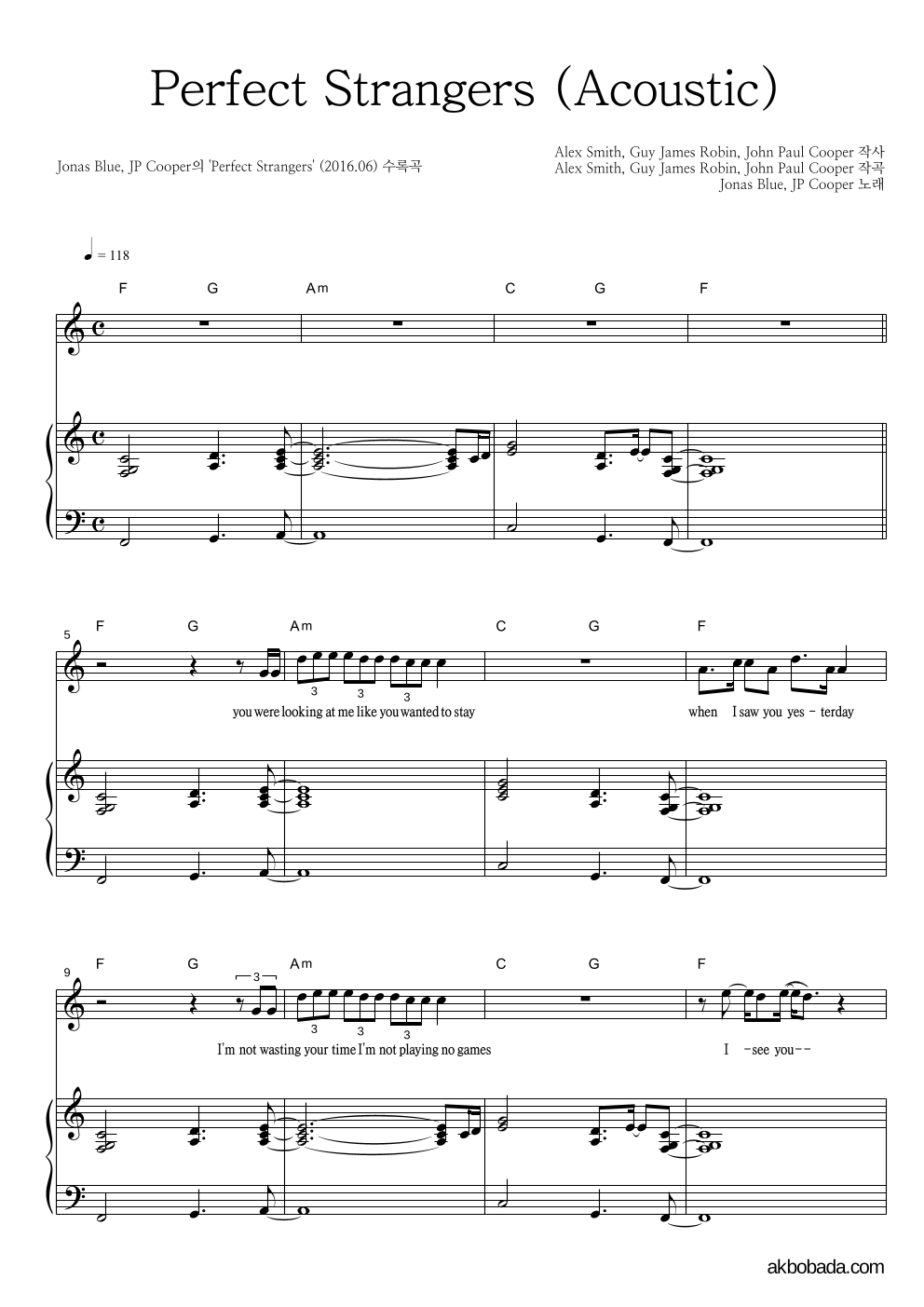 Jonas Blue Perfect Strangers (Acoustic) 악보