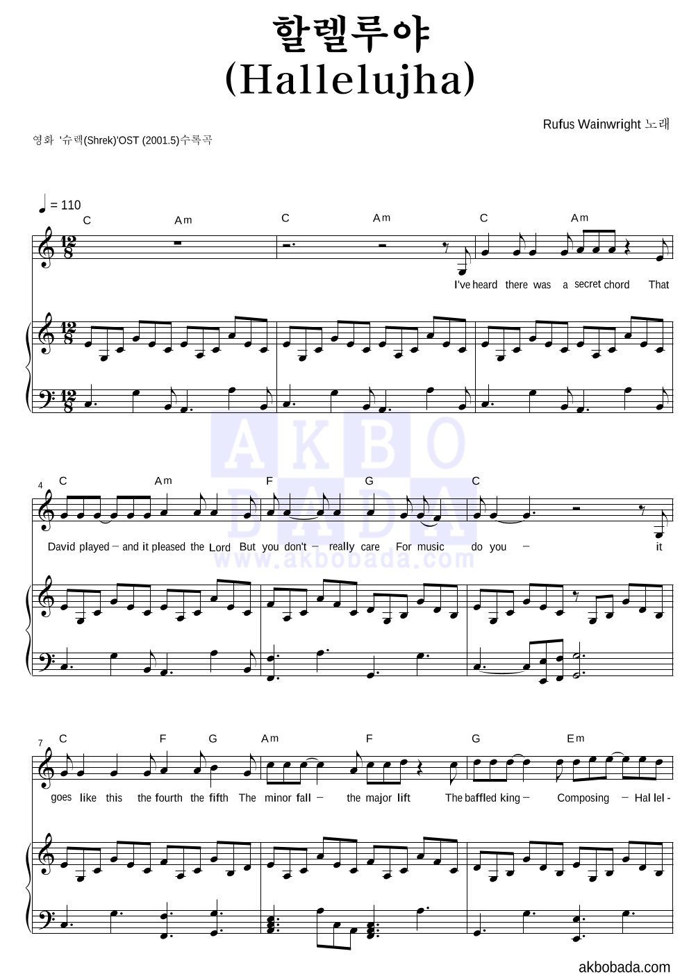 Rufus Wainwright 할렐루야(Hallaluha) 악보 : 악보바다