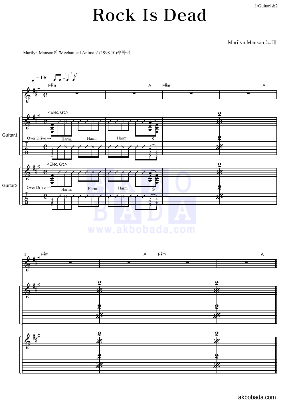 Marilyn Manson Rock Is Dead 악보