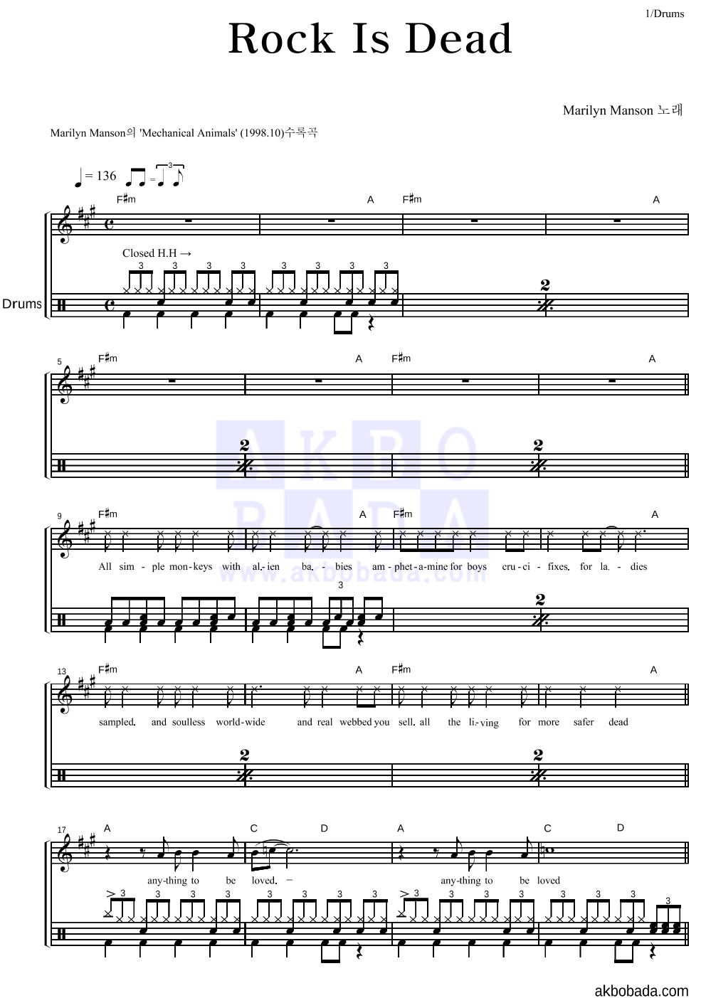 Marilyn Manson Rock Is Dead 악보