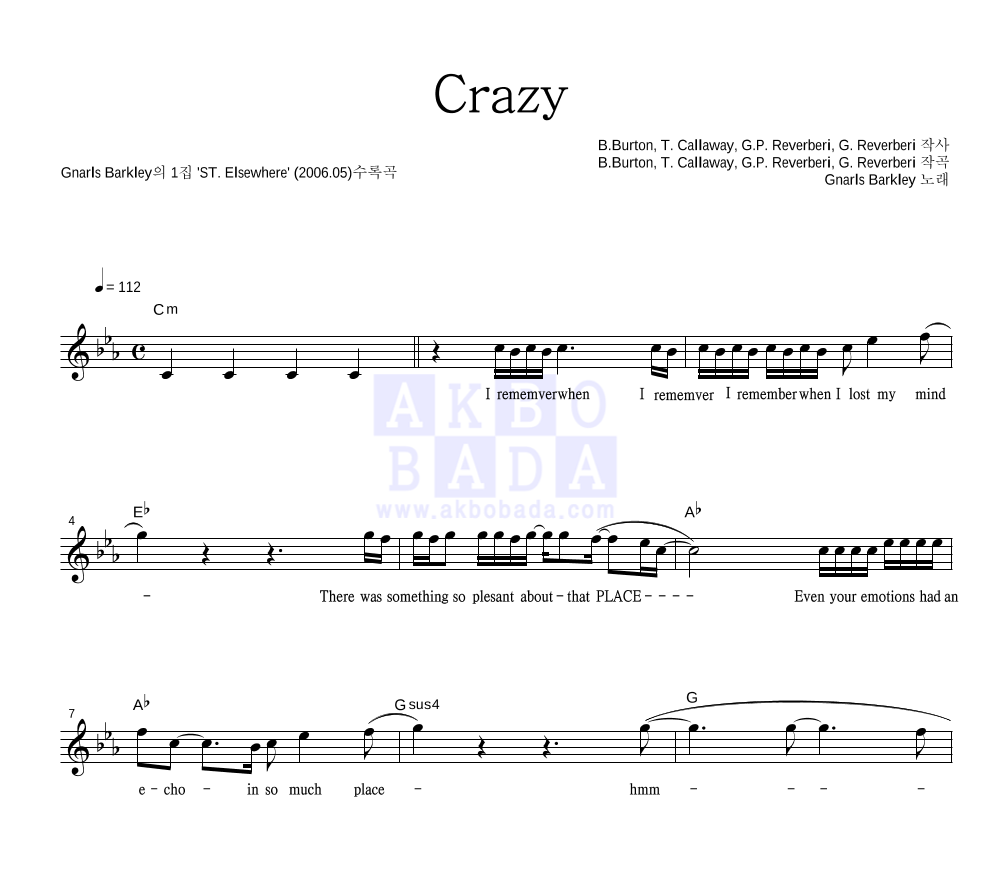 Gnarls Barkley Crazy 악보