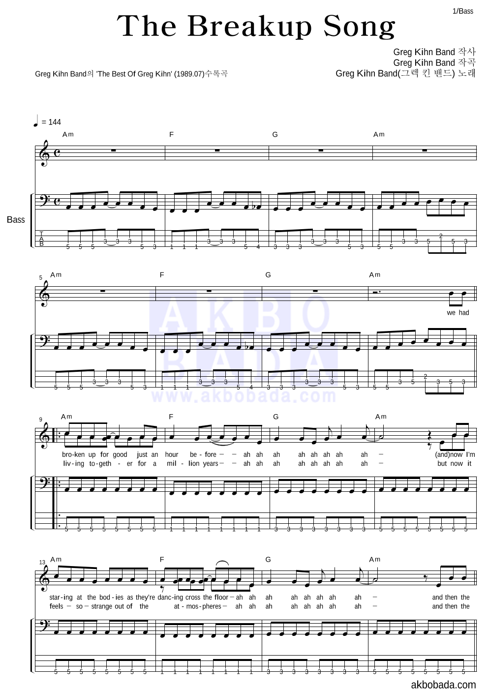 Greg Khin Band The Breakup Song 악보