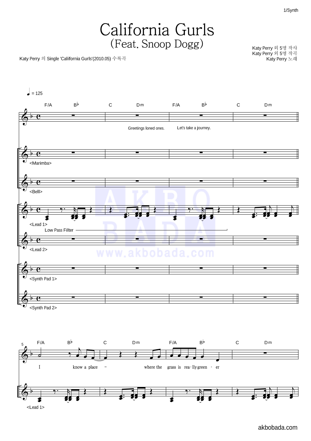 Katy Perry California Gurls (Feat. Snoop Dogg) 악보