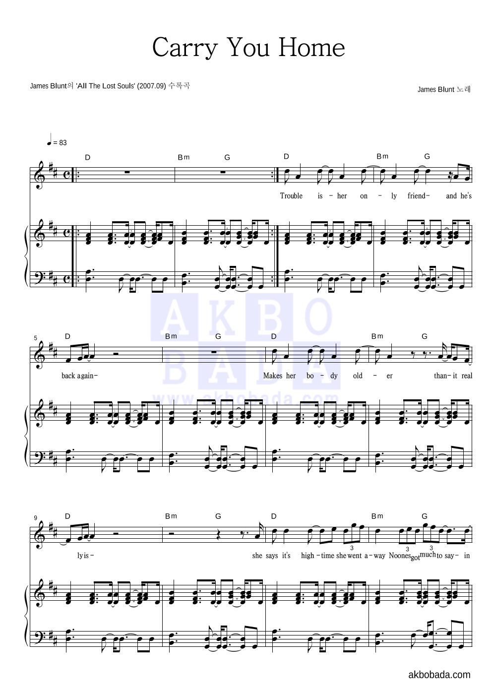 James Blunt Carry You Home 악보