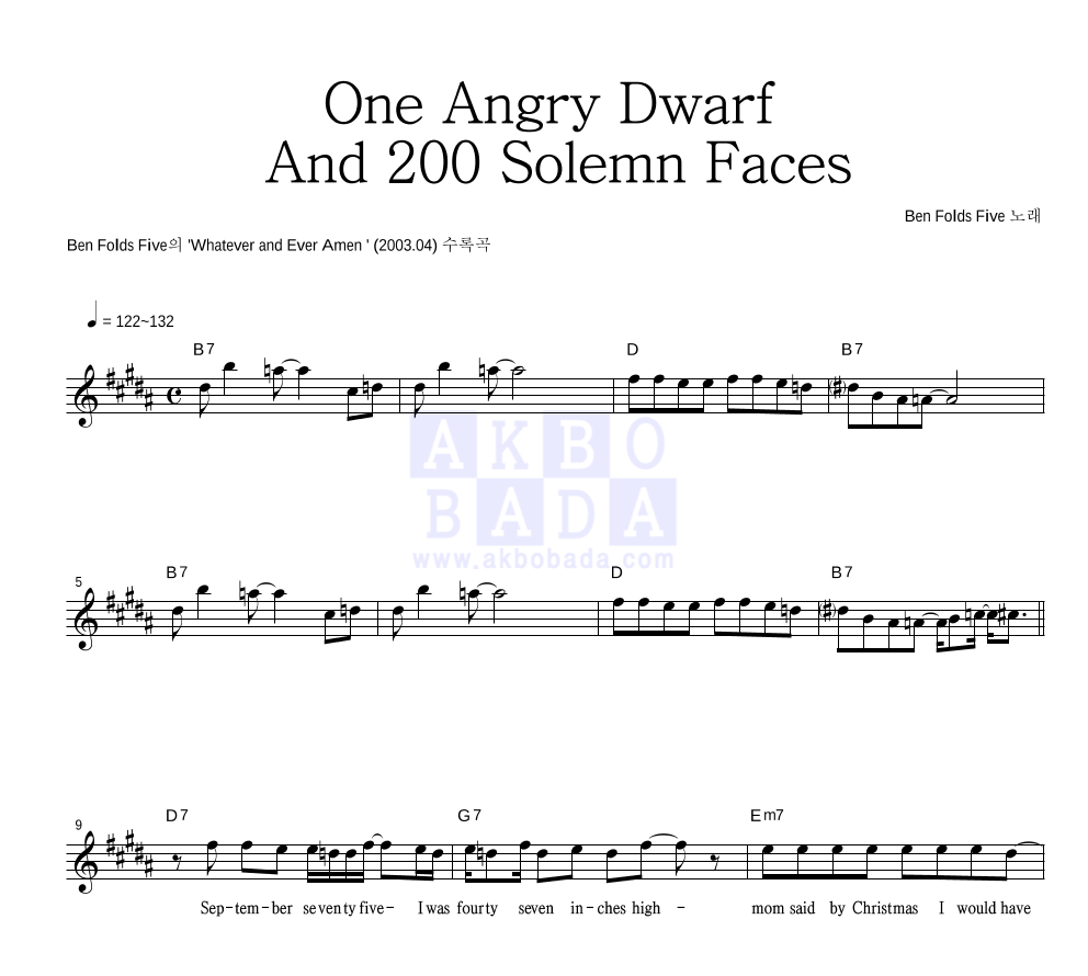 Ben Folds Five One Angry Dwarf And 200 Solemn Faces 악보