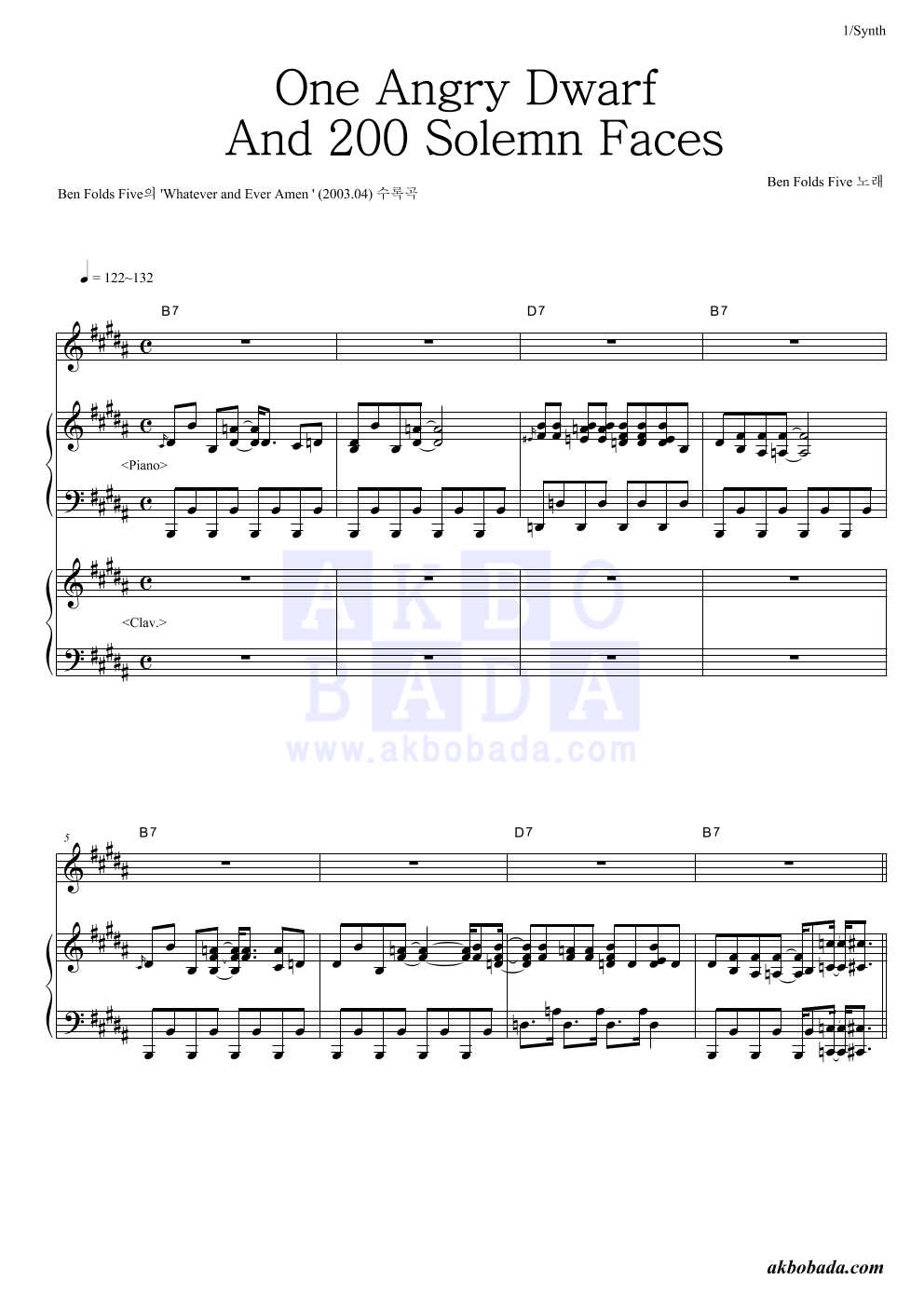 Ben Folds Five One Angry Dwarf And 200 Solemn Faces 악보